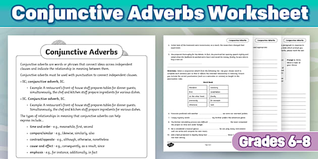 Conjunctive Adverbs Worksheet for 6th-8th Grade