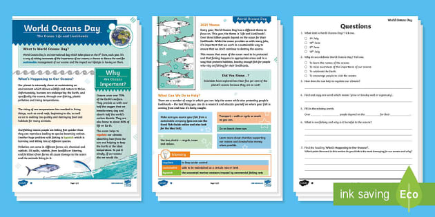 UKS2 World Oceans Day Differentiated Reading Comprehension Activity