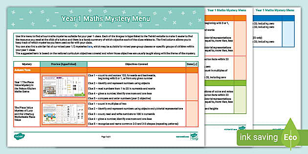 👉 * NEW * Year 1 Maths Mystery Menu (teacher made)