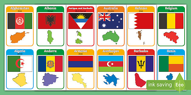 Flags of the World with Continent Colour Coding Cards