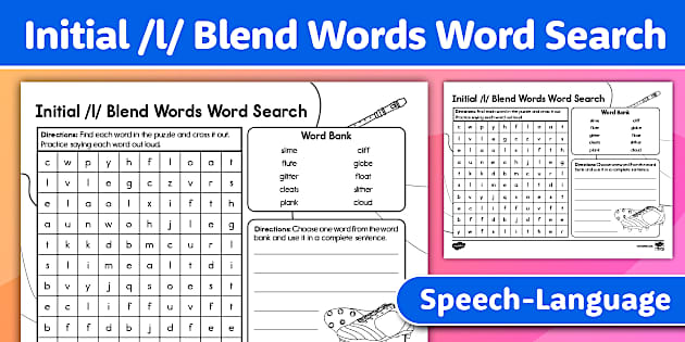 Articulation Initial /l/ Blend Words Word Search for SLP