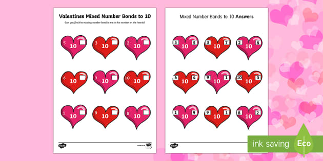 Valentine's Day Hearts Mixed Number Bonds to 10 Worksheet / Worksheet