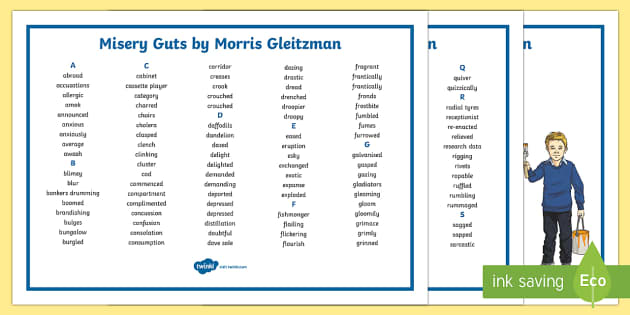 Vocabulary Mats to Support Teaching on Misery Guts by Morris Gleitzman Word