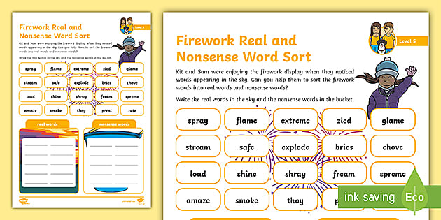 Level 5 Firework Real and Nonsense Word Sort - Twinkl
