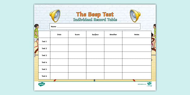 Beep Test Fitness Challenge Individual Recording Table