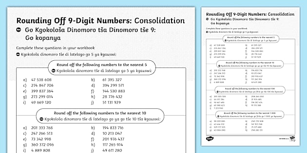 Rounding Off 9-Digit Numbers: Consolidation Activity Sheet Sepedi