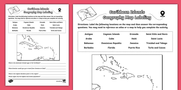 Caribbean Islands Geography Map Labeling Activity for 6th-8th Grade