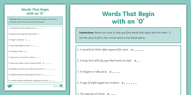 Words That Begin With an 'O' Worksheet