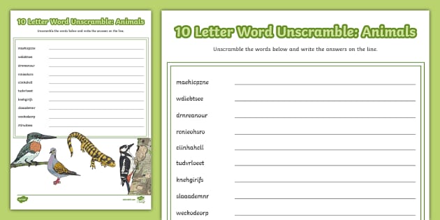 Words 10 Letters Long: Animals Unscramble Worksheet - Twinkl