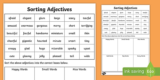 Sorting Adjectives Worksheet | 3rd/4th Class (teacher made) Sorting Adjectives Worksheet | 3rd/4th Class (teacher made)