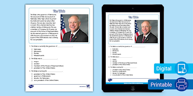 First Grade Tim Walz Reading Passage Comprehension Activity