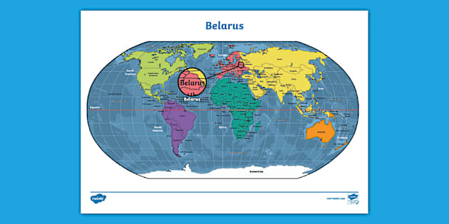 Belarus on World Map Display Poster (teacher made) - Twinkl