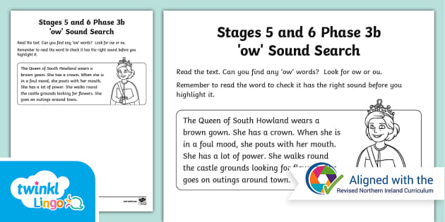 Northern Ireland Linguistic Phonics 3b 'ow' Sound Search Worksheet