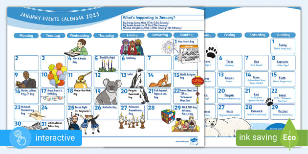 January Event Calendar and Play-Along Pack (2023) - Twinkl