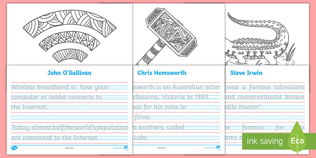Year 1-2 Famous Australians Handwriting and Mindfulness Colouring Booklet