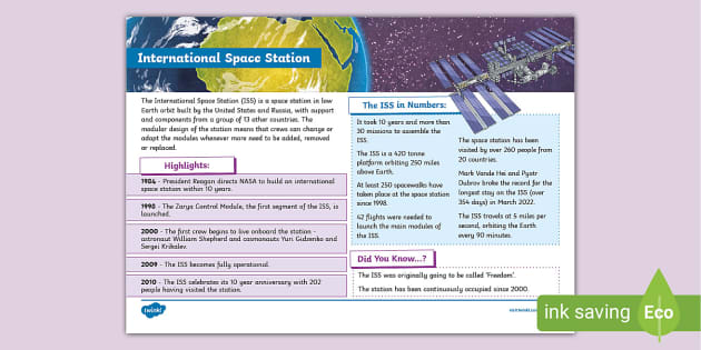 International Space Station Fact File - KS2 - Space - Twinkl