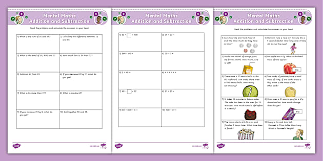 Mental Math Addition and Subtraction Sums Worksheets