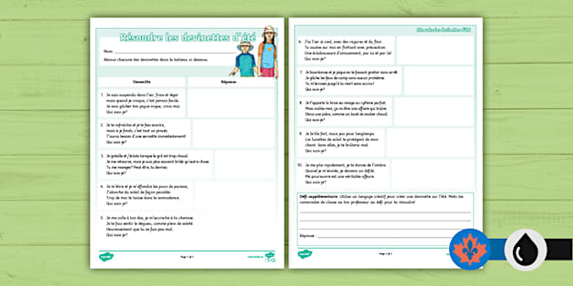 Summer Riddles Worksheet Junior Grades French - Twinkl