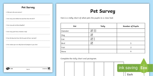 Pets Survey Tally and Pictogram Worksheets - Twinkl