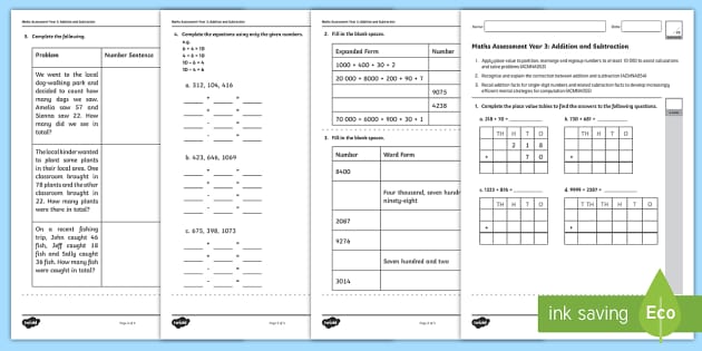Year 3 Addition and Subtraction Assessment Sheet - Twinkl
