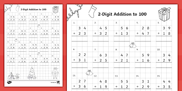 Christmas 2-Digit Addition to 100 Squared Paper Activity