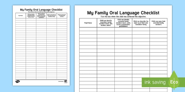 My family Oral Language Checklist (Teacher-Made) - Twinkl