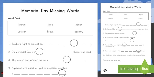 Memorial Day Cloze Reading Missing Words Activity | Twinkl