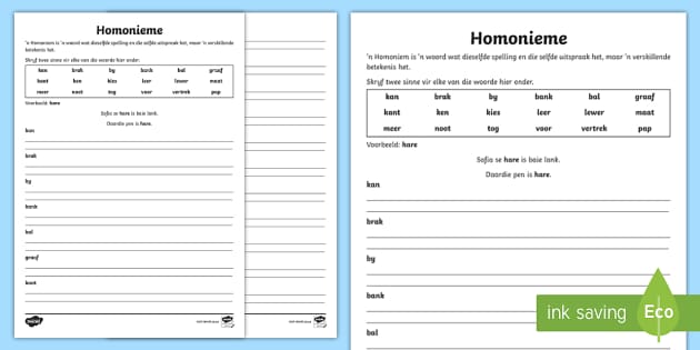 Homonieme Dubbele Betekenis Aktiwiteit bladsy - Twinkl