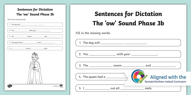 Linguistic Phonics Phase 3b 'ow' Sound Dictation Sentences Worksheet