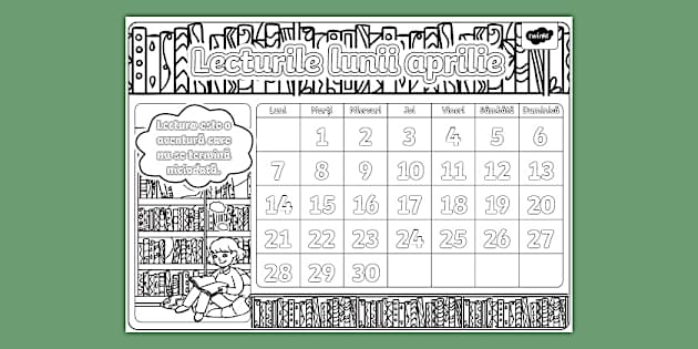 Calendar de lectură pentru luna aprilie – Desen de colorat