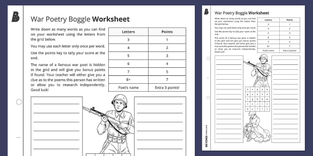 War Poetry Boggle for Years 9-10 (teacher made) - Twinkl