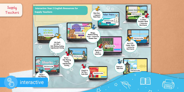 How do I use the Interactive Year 2 English Resources for Supply Teachers?