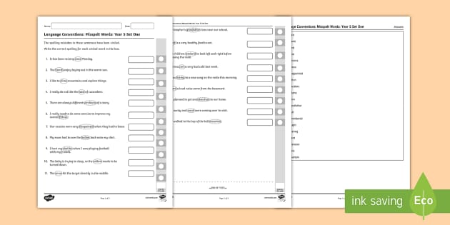 NAPLAN Style Misspelt Language Conventions Set One Year 5 Exam ...