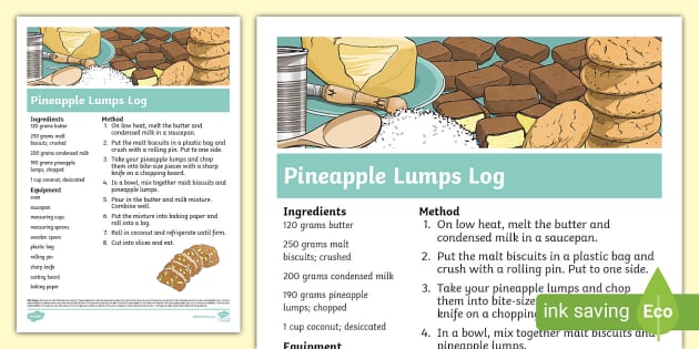 Treaty Treat Pineapple Lumps Lolly Log Recipe (teacher made)