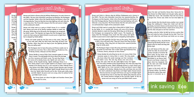 Romeo and Juliet Reading Comprehension PDF Primary Resource