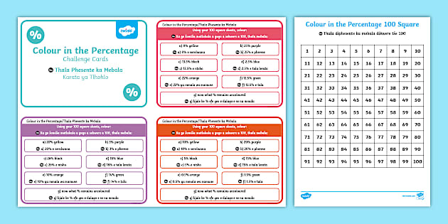 Percentage Maths Challenge Cards and 100 Square - Sepedi