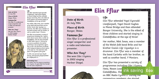 Elin Fflur Fact File (teacher made) - Twinkl