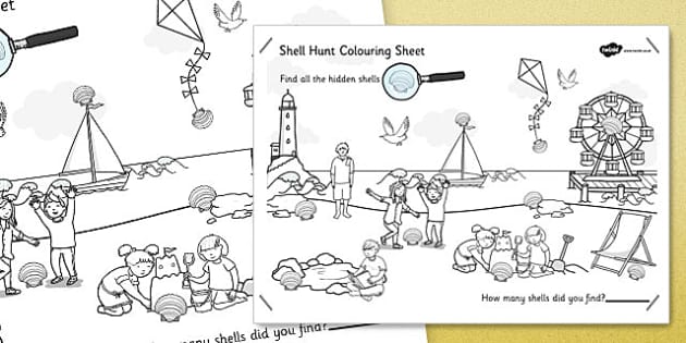 Shell Hunt Seaside Colouring Sheet (teacher made) - Twinkl