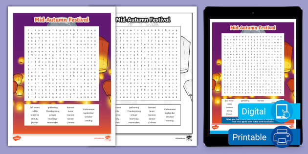Mid-Autumn Festival Word Search for 6th-8th Grade - Twinkl
