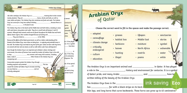 The Arabian Oryx of Qatar Worksheet - Twinkl