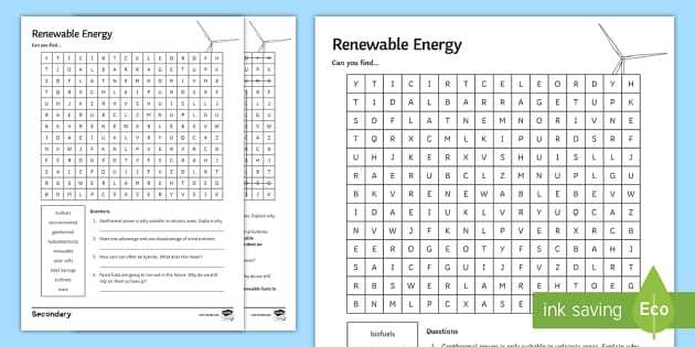 Renewable Energy Word Search - turbines, geothermal, environmental, tidal