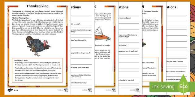 Thanksgiving KS2 Differentiated Reading Comprehension Activity