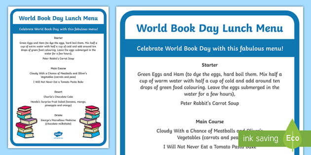 FREE! - World Book Day Lunch Menu Activity (teacher made)