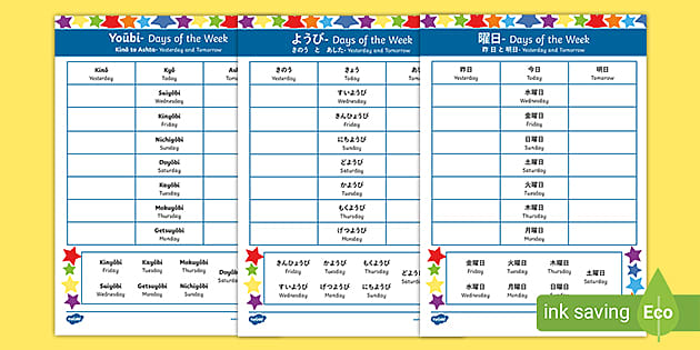 Days of the Week Yesterday and Tomorrow Worksheet Japanese