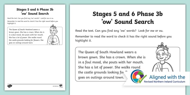 Northern Ireland Linguistic Phonics 3b 'ow' Sound Search Worksheet