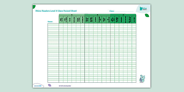 Rhino Readers Level 4 Class Record Sheet (teacher made)