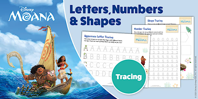 Moana: Letters, Numbers, and Shapes Tracing Worksheets