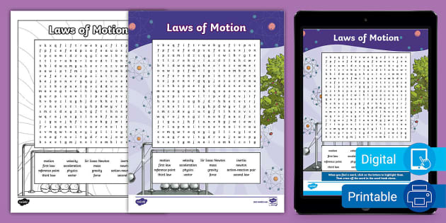 Laws of Motion Word Search for 6th-8th Grade - Twinkl