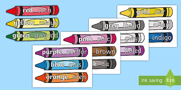 Colour Words on Crayons/Geiriau Lliwiau ar Greonau English/Welsh