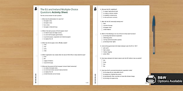 The EU and Ireland Multiple-Choice Questions Activity Sheet